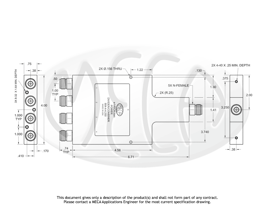 4 Way N-Female Power Divider, 804-4-4.250, N-Female, 0.500-8.000 GHz ...