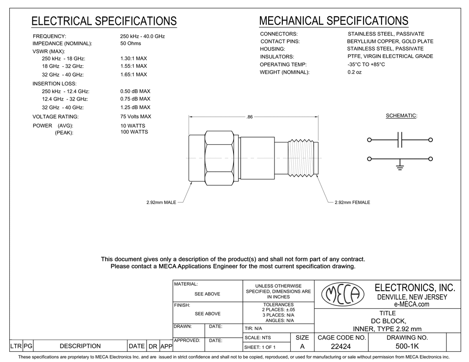 DC Block, 500-1K, 100 Watts, 2.92mm, 250 KHz-40.0 GHz — MECA ...