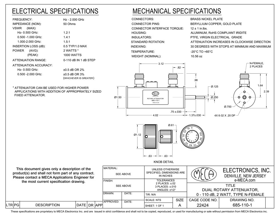 Variable RF Attenuators, 685-110-1, N-Female, 2 Watts, Hz-2.0 GHz ...