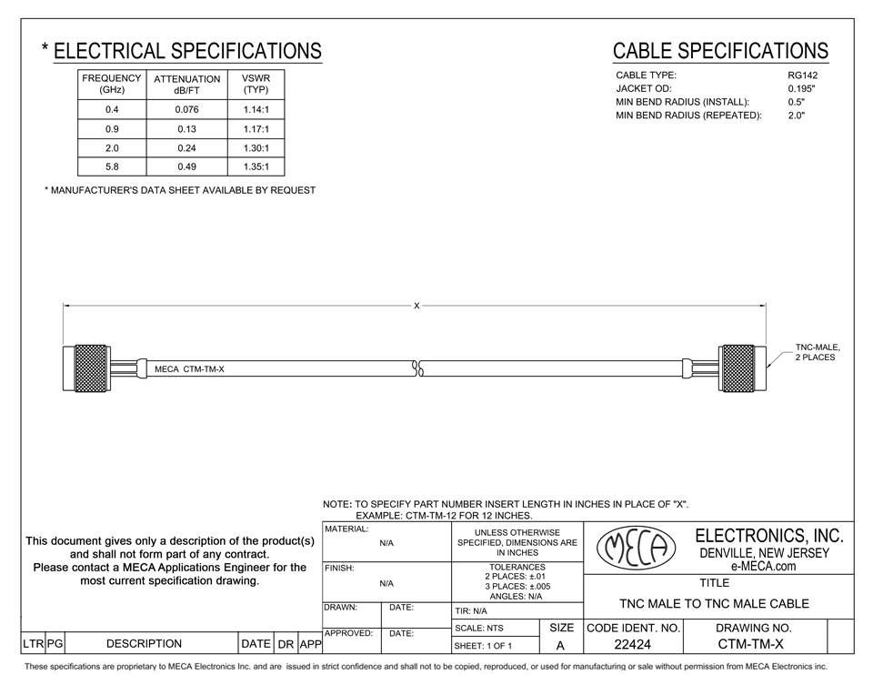 Jumper Cable Assemblies, CTM-TM-X, TNC-Male to TNC-Male, RG142 — MECA ...